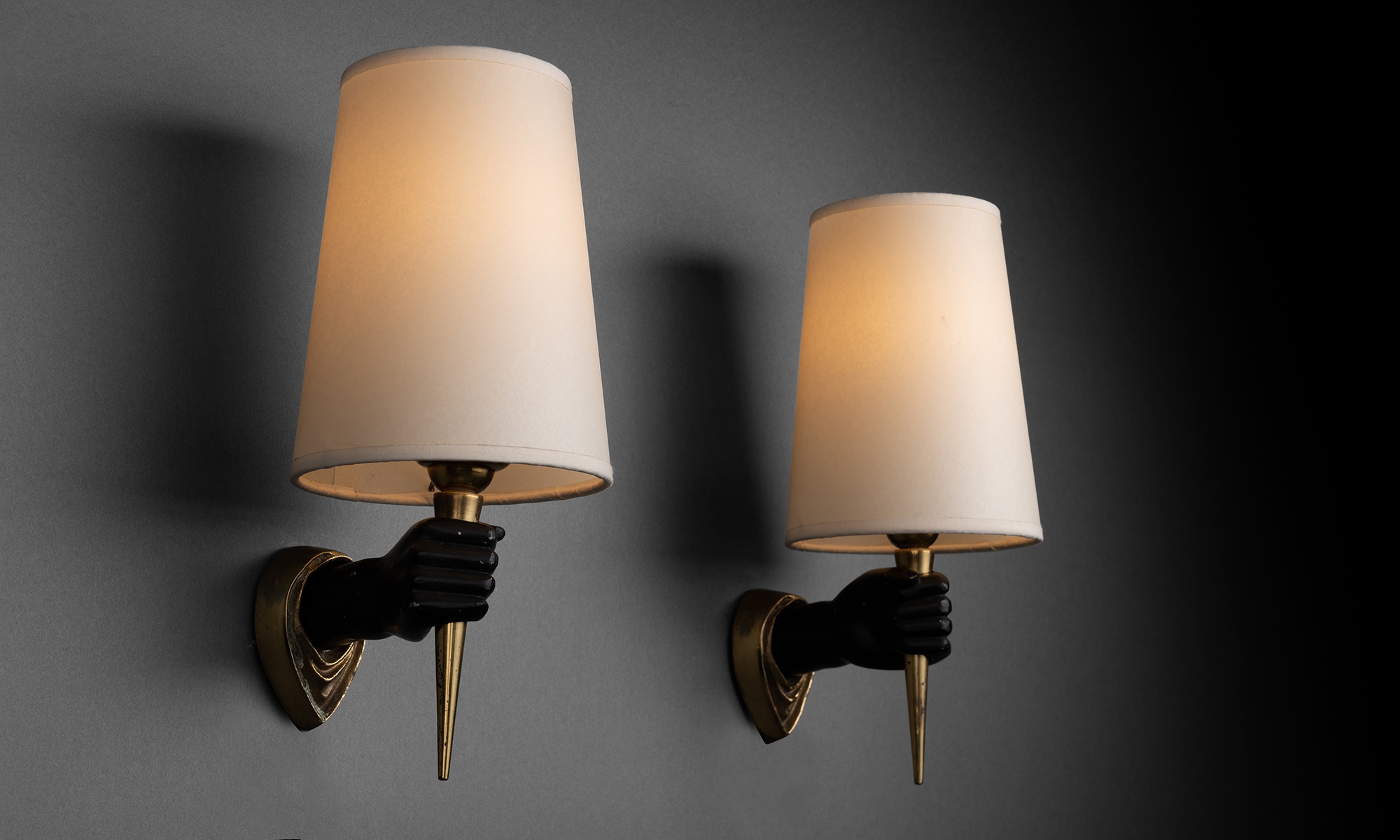 Pair of Black Hand Wall Lights in the style of Andre Arbus :: Obsolete
